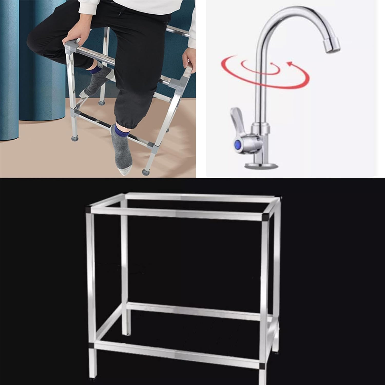 Freestanding Kitchen Sink, Commercial Restaurant Utility Sink Set, Stainless Steel Single Bowl Kitchen Sink, with Faucet (Size : 60x45cm/23.6x17.7in)
