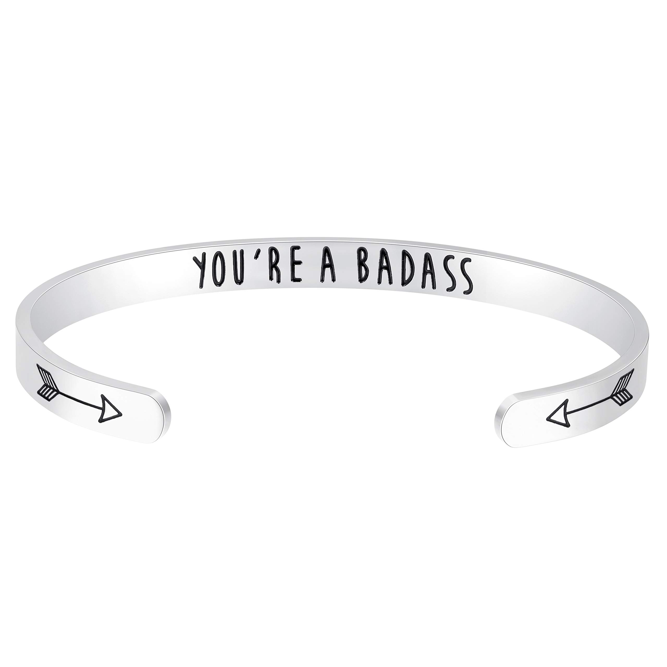 Fesciory Inspirational Bracelets for Women,Stainless Steel Engraved Personalized Positive Mantra Quote Keep Going Cuff Bangle College Graduation Encouragement Gifts for Her (YOU'RE A BADASS)