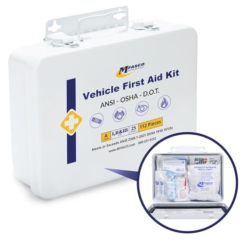 MFASCO Vehicle First Aid Kit - Compact Metal Kit - Portable & Mountable - Safety Kit for Commercial Vehicles & Workplace - DOT ANSI OSHA Compliant - Includes 112 Pcs Work Essential First Aid Supplies