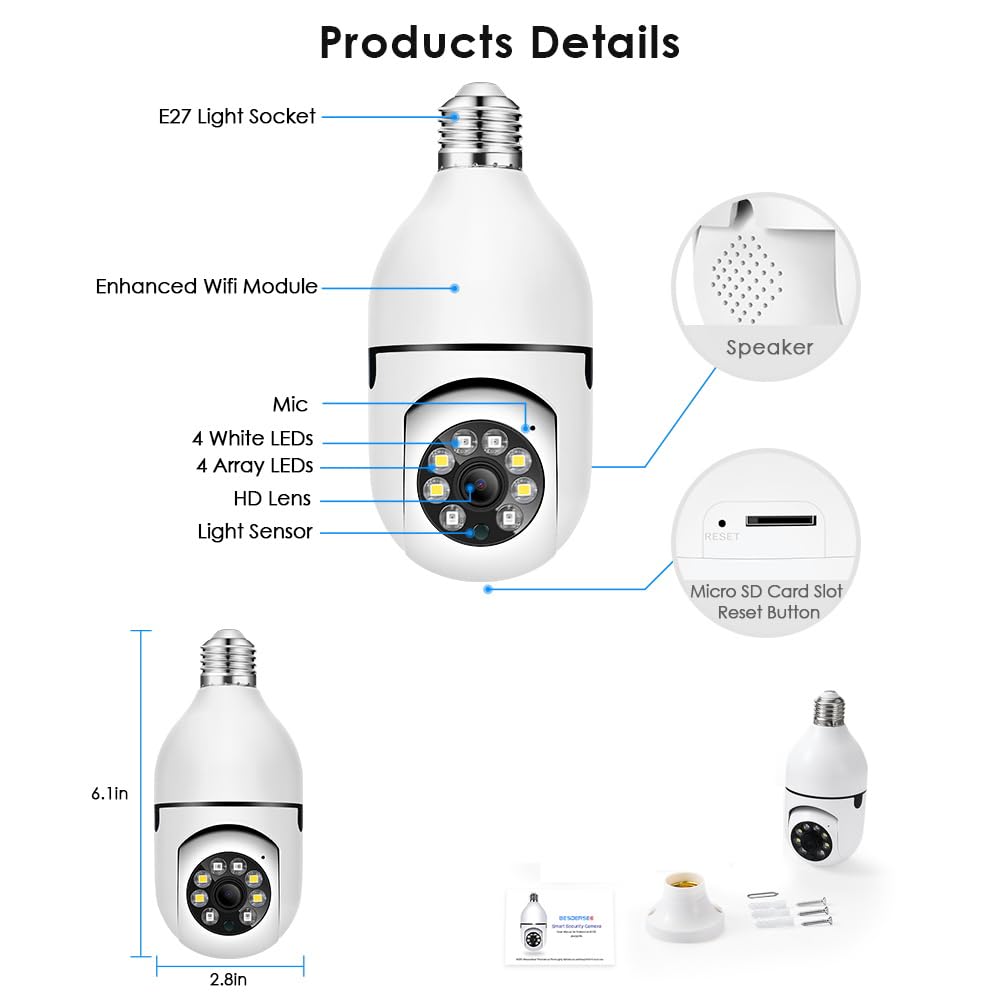 EVERSECU 4Pack HD 1080P Wireless Light-Bulb Security Camera, Work with 2.4ghz&5ghz WiFi, Motion Auto Tracking, 2 Way Audio, Spotlight Night Vision, E27 Screw-in CCTV Camera (4pcs)