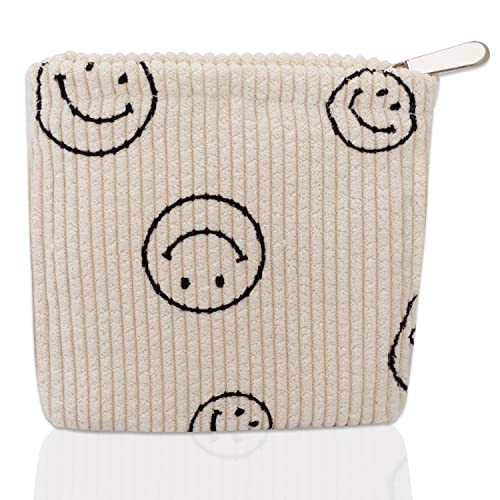 LYroo Small Makeup Bag Beige Mini Makeup Zipper Pouch Corduroy Makeup Bag Small Cosmetic Bag for Purse Essentials Items Women Coin Purse Aesthetic Stuff