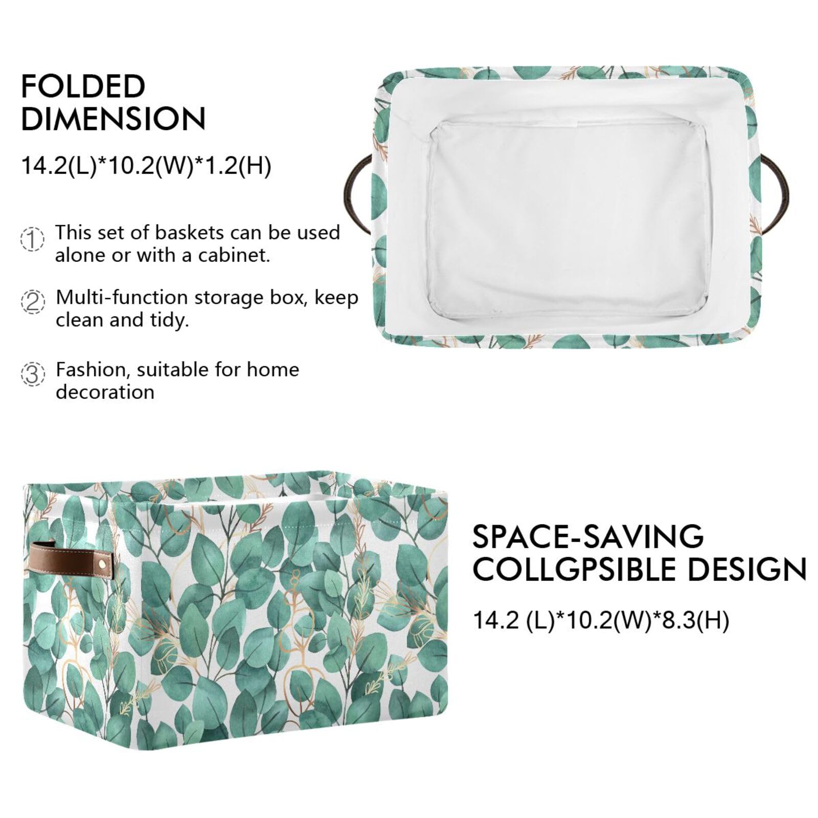 Green Leaves Storage Basket Bins Sturdy Toy Storage Organizer Bins Laundry Basket with Handles for Bedroom Office Clothes Pet Nursery Living Room,1 pcs