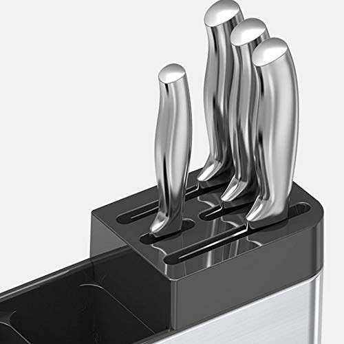 FZZDP Kitchen Utensil Holder Knife Block with Drainboard, Utensil Caddy for Knives, Forks, Spoons, Stainless Steel, Silver