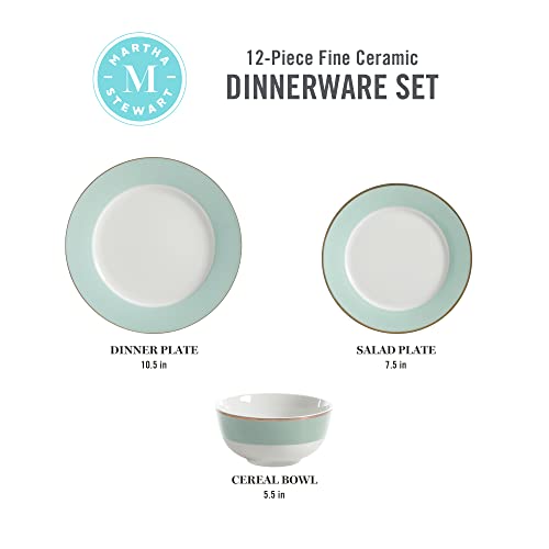 Martha Stewart Gracie Lane Porcelain Decorated Dinnerware Set - Martha Blue w/Gold Rim, Service for 4 (12pcs)