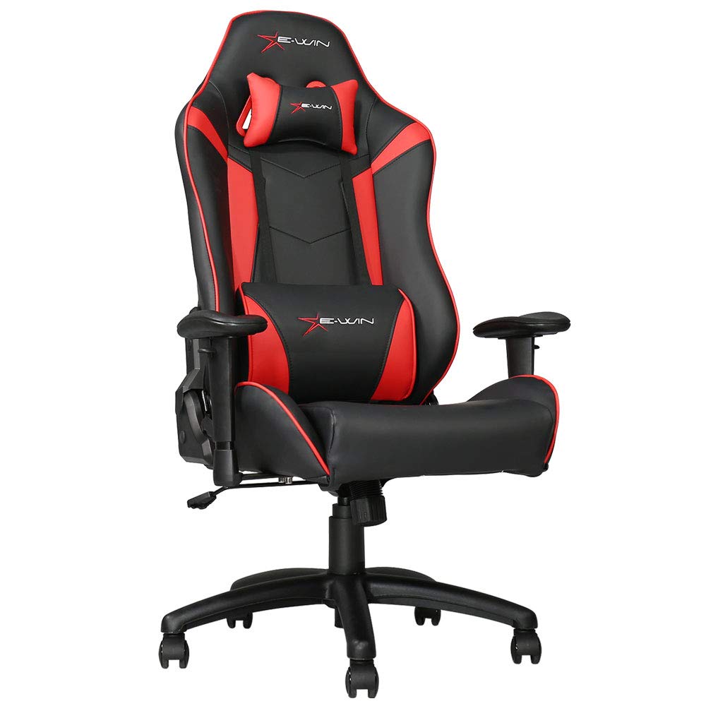 E-Win Knight Series Ergonomic Computer PC Gaming Home Office PVC Leather Tall Back Desk Chair with Pillows, Black and Red