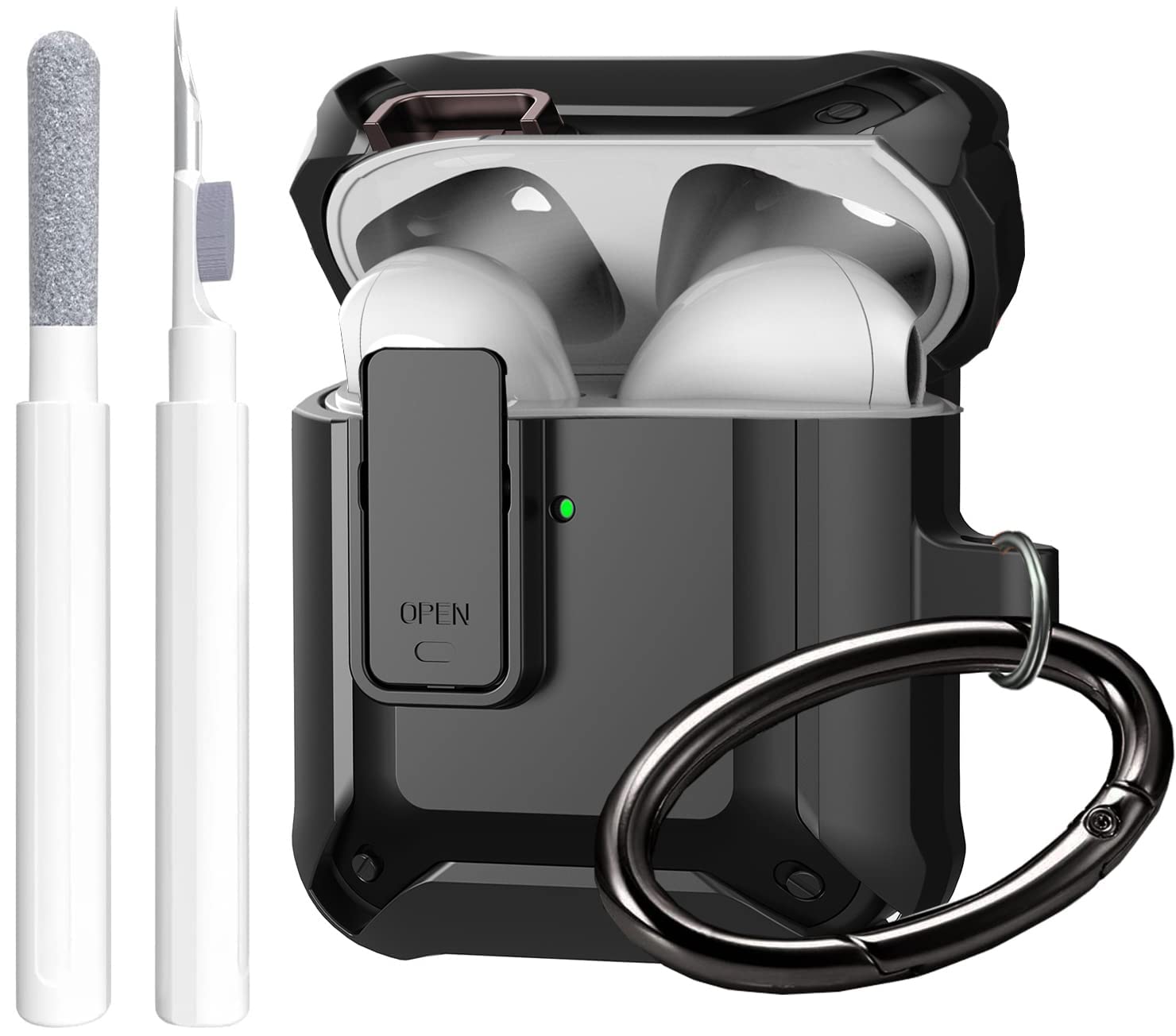 GARTOO for Airpods Case 2nd 1st Generation Lock with Cleaning Kit, Rugged Armor airpod 2nd 1st Gen Protective Cover Men Women with Cleaning Pen for Apple Airpod 1/2 Case (Black)