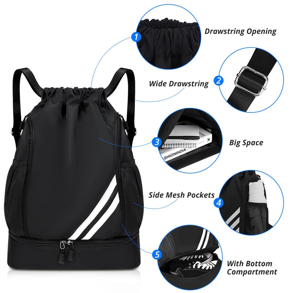 Drawstring Backpack Sports Gym Bag with Shoes Compartment, Waterproof Draw String Back Bag for Men Women (Orange)