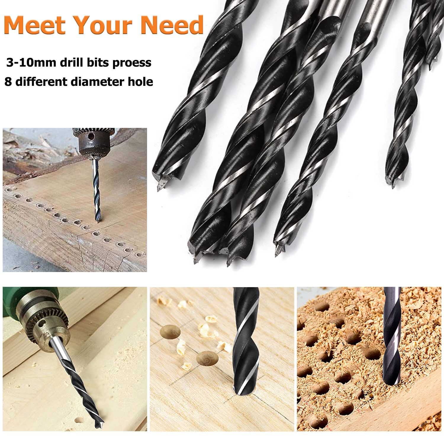 YUENTOEN Brad Point Drill Bit, 8Pcs Carbon Steel Sharp 3-10mm Spiral Twist Wood Drill Bits Set with Storage Bag Power Drill Accessories for Woodworking, Softwood
