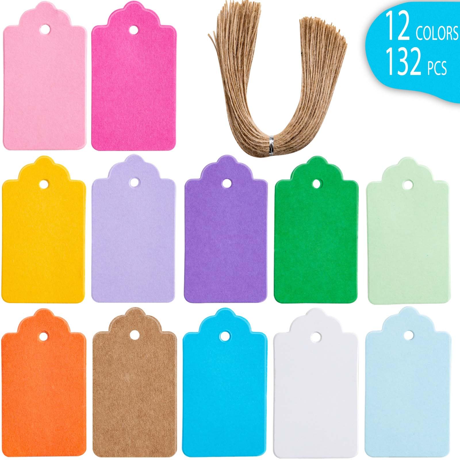 Primbeeks 132 Pcs Premium Gift Tags, 12 Colors Kraft Paper Tags with String, Double-Sided Available Price Tags Colored Tags Greeting Tags Hanging Tags for Christmas Gift DIY Crafts Party Favors