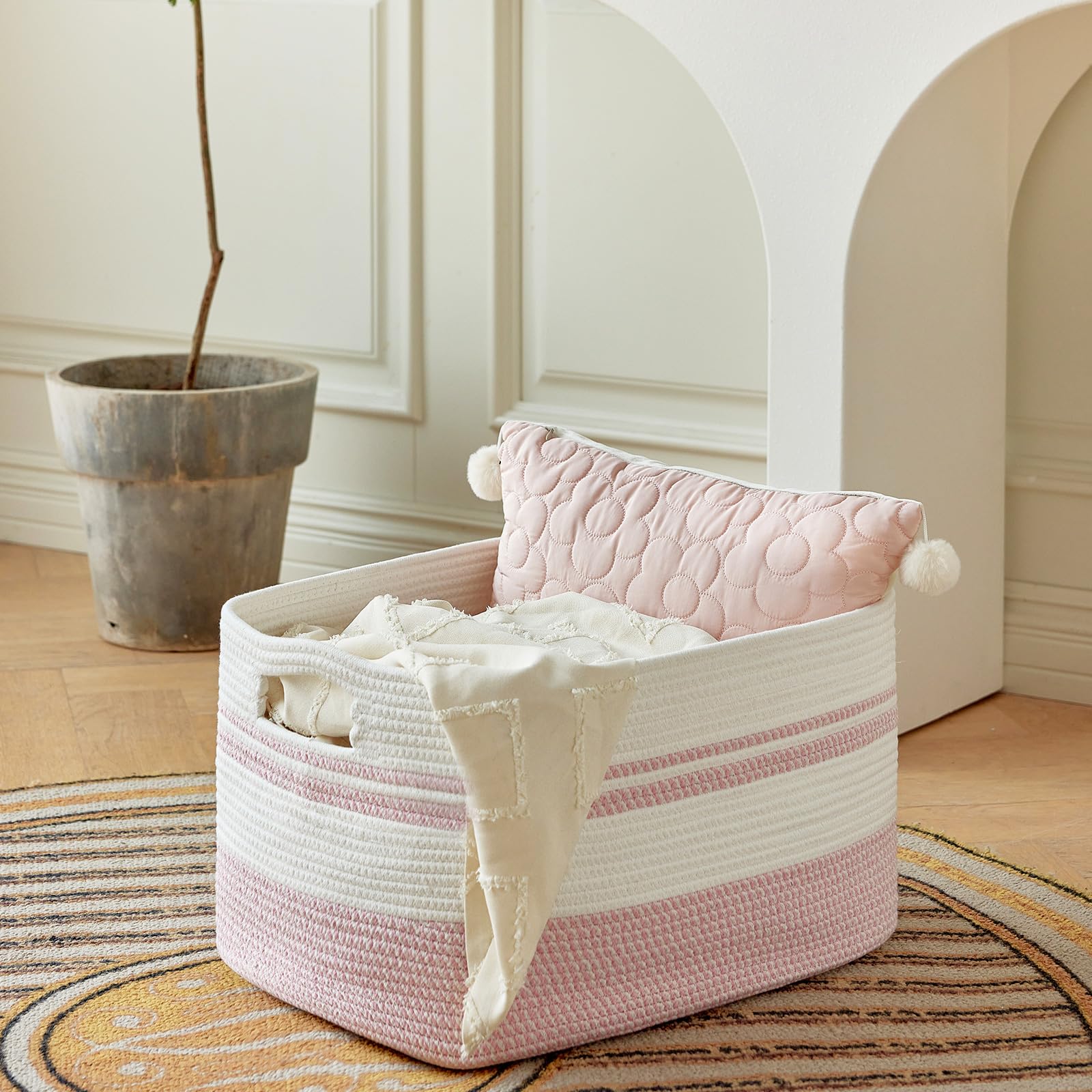 R RUNKA Large Rectangular Cotton Rope Storage Basket - 82L- Ideal for Toy Storage, Blankets, Laundry, Woven Organizer for Living Room, Bedroom - 22"x17"x12"(White & Pink)