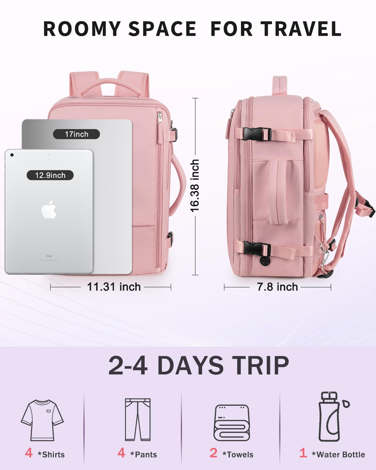 FALARK INC Travel Backpack For Women, 35L Carry On Backpack Flight Approved, Waterproof Personal Item Travel Bag Suitcase Backpack With USB Hole For Weekender, Traveling, Pink
