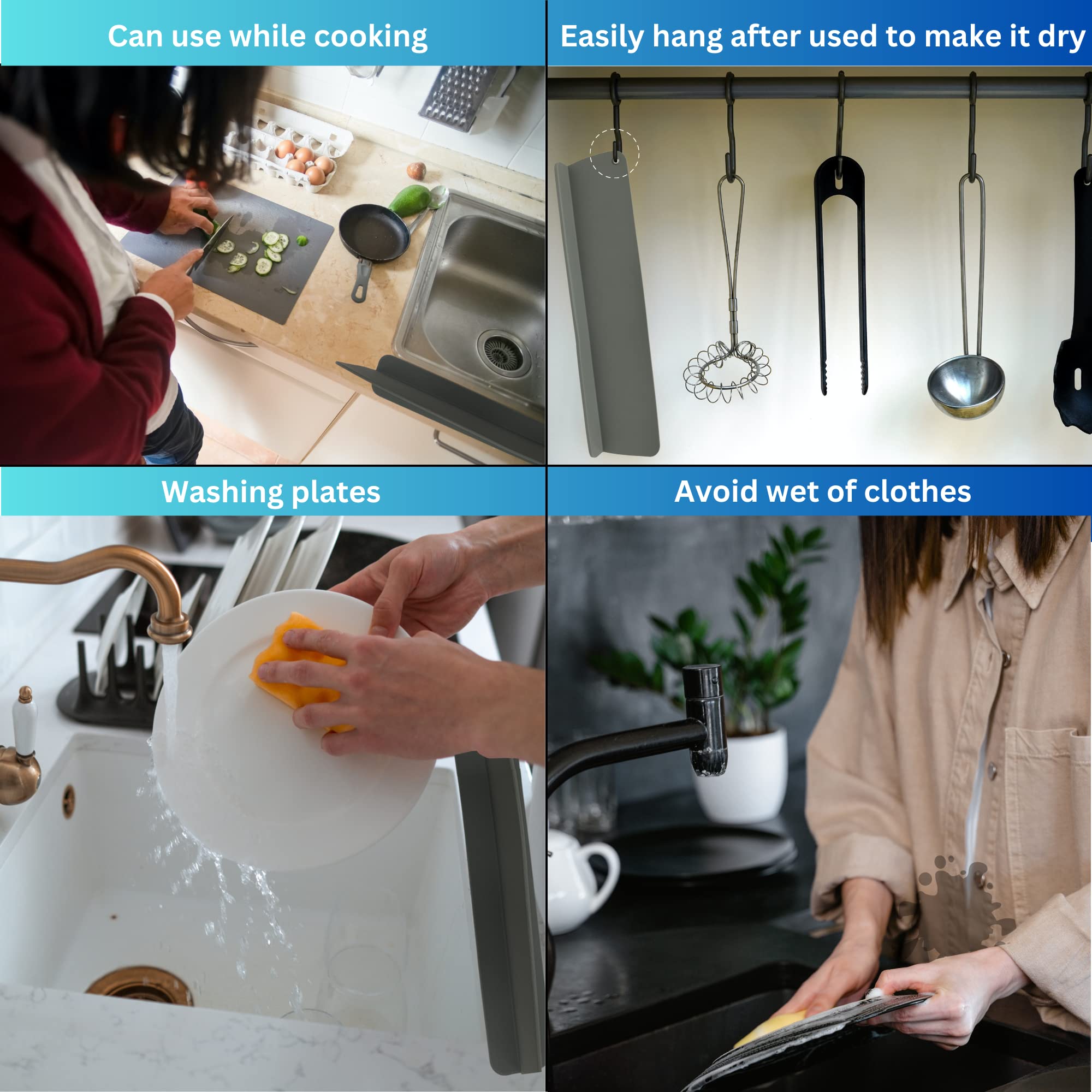 kitchen sink splash guard - (Premium & Upgraded design)- Silicone Sink Splash Guard for Kitchen and Bathtub with 5 Strong Suction Cups - Sink Splash Guard Gray- Dishwasher Safe.