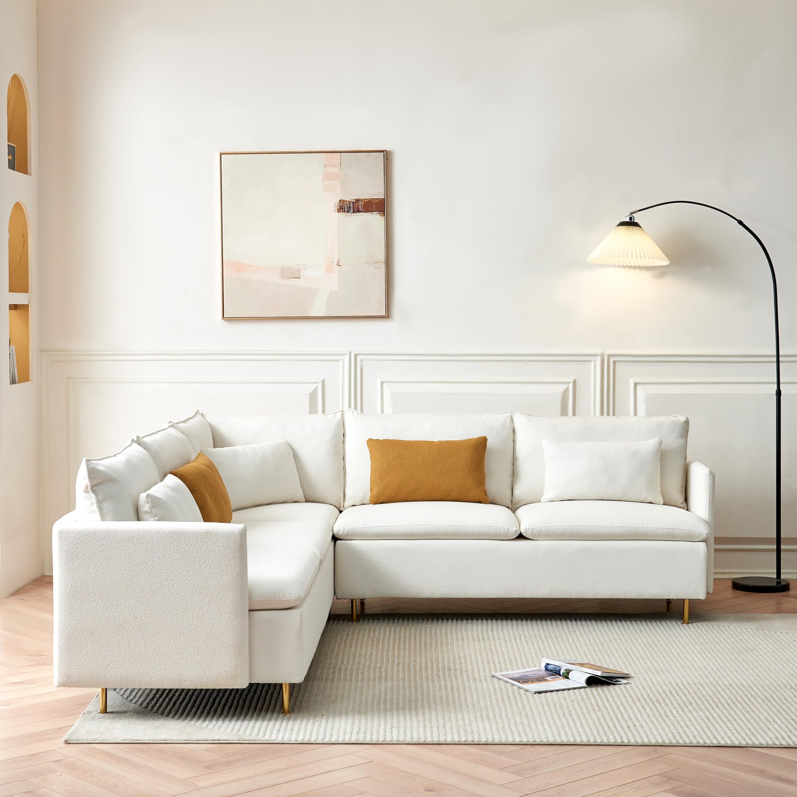 Pamag pieeoo L Shaped Sectional Couch Sofa, 5 Seat Sofas with 5 Waist Pillow, Mid Century Modern Sectional Couches for Living Room, Small Apartments and Office (Beige)