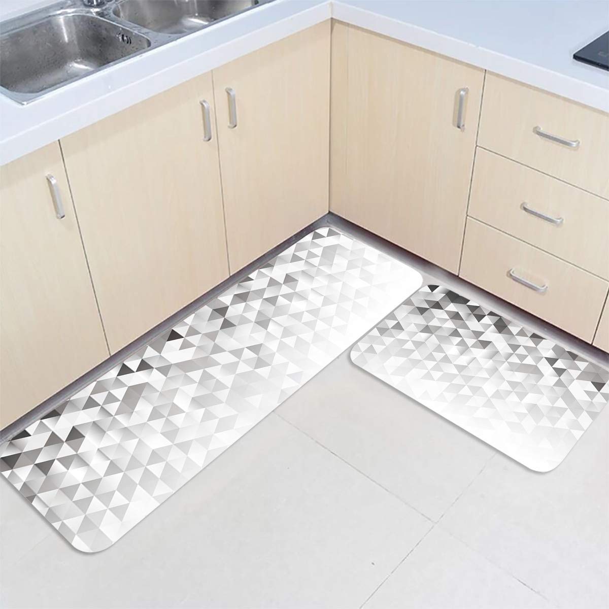 Geometric Kitchen Rugs and Mats Non Skid Washable Cushioned Kitchen Mat Anti Fatigue Mat Kitchen Set of 2 Waterproof Ombre Grey Mosaic Triangle Pattern Modern Art