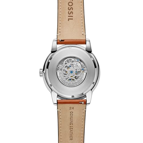 Fossil Men's Townsman Automatic Stainless Steel and Leather Three-Hand Skeleton Watch, Color: Silver, Luggage (Model: ME3154)