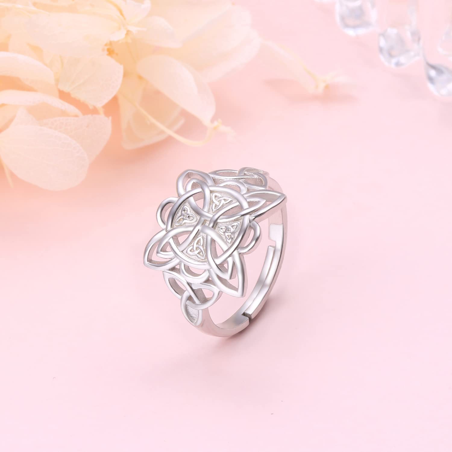 FLYOW 925 Sterling Silver Good Luck Irish Jewelry Celtic Quaternary Wiccan Witches Knot Ring for Women, Size 7