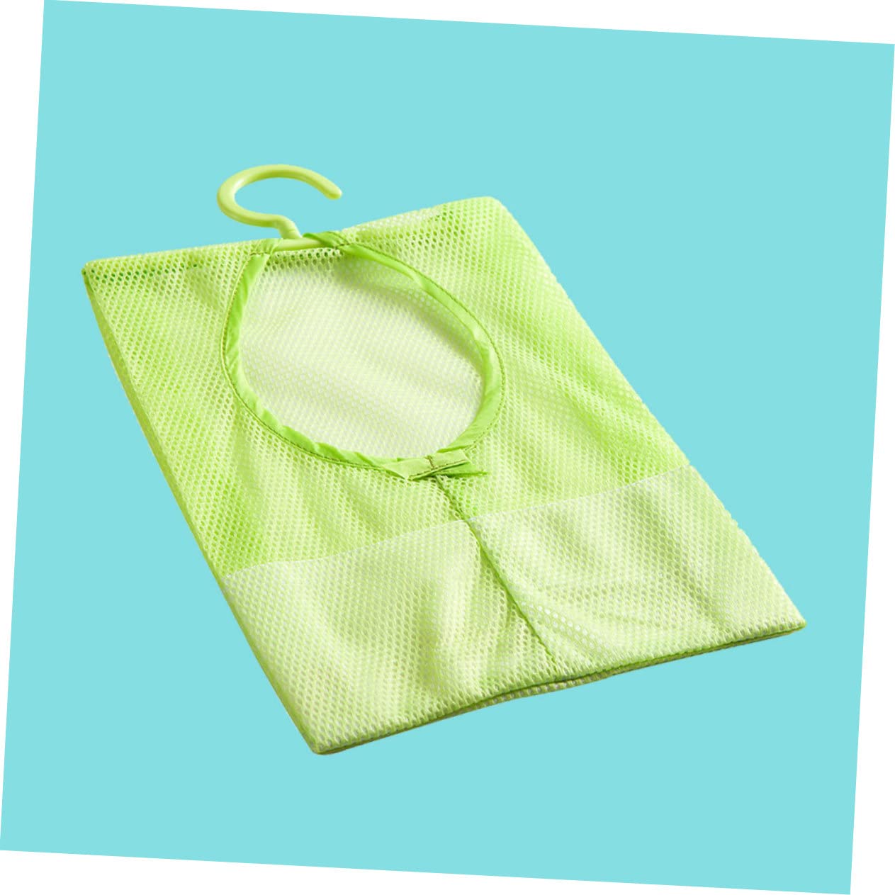 OFFSCH Kitchen Bathroom Mesh Shower Storage Rack for Dolls Pillows and Clothes Green Hanging Laundry Organizer with Hooks for Efficient Space Saving