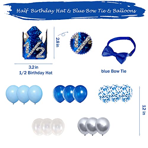 Half Birthday Decorations Baby Boy, Hombae 1/2 Birthday Boy Decorations Supplies, 6 Months Birthday Decorations Boy, Blue Glitter Half Birthday Banner with Triangle Flag Banner, 1/2 Birthday Hat Crown with Blue Bow Tie, Halfway to One Cake Topper, Blue Gr