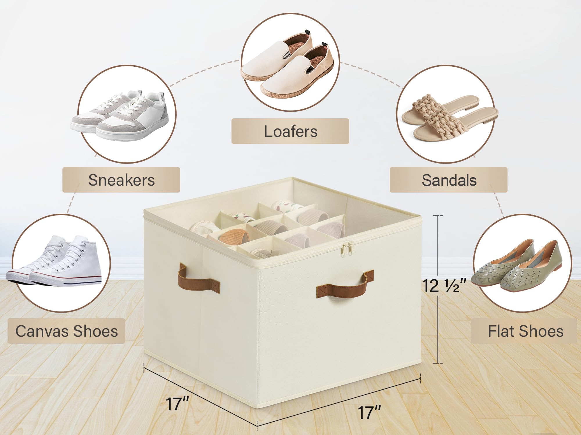 StorageWorks Storage Box for Shoes, Shoe Storage Bin with Handles and Fixed Dividers, Space-Saving Shoe Storage Organizer, Closet Cube Shoe Storage Box, Beige, 1-Pack