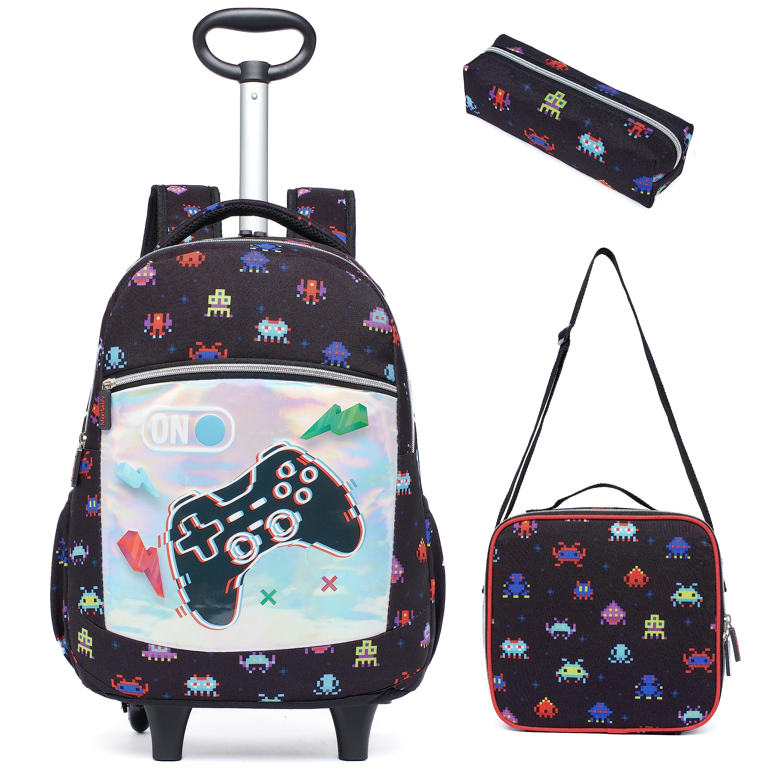 Egchescebo Kids Rolling Backpack for Boys Suitcases Backpacks 18" 3PCS Travel Luggage Roller Backpacks Wheels with Lunch Box Pencil Case for Elementary Trolley School Bag with Gamepad Dark Blue