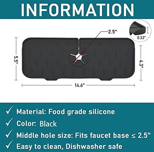 Kitchen Sink Splash Guard, Silicone Faucet Handle Drip Catcher Mat, Sink Splash Drain Drying Pad Behind Faucet, for Kitchen & Bathroom Countertop Protector (Black)