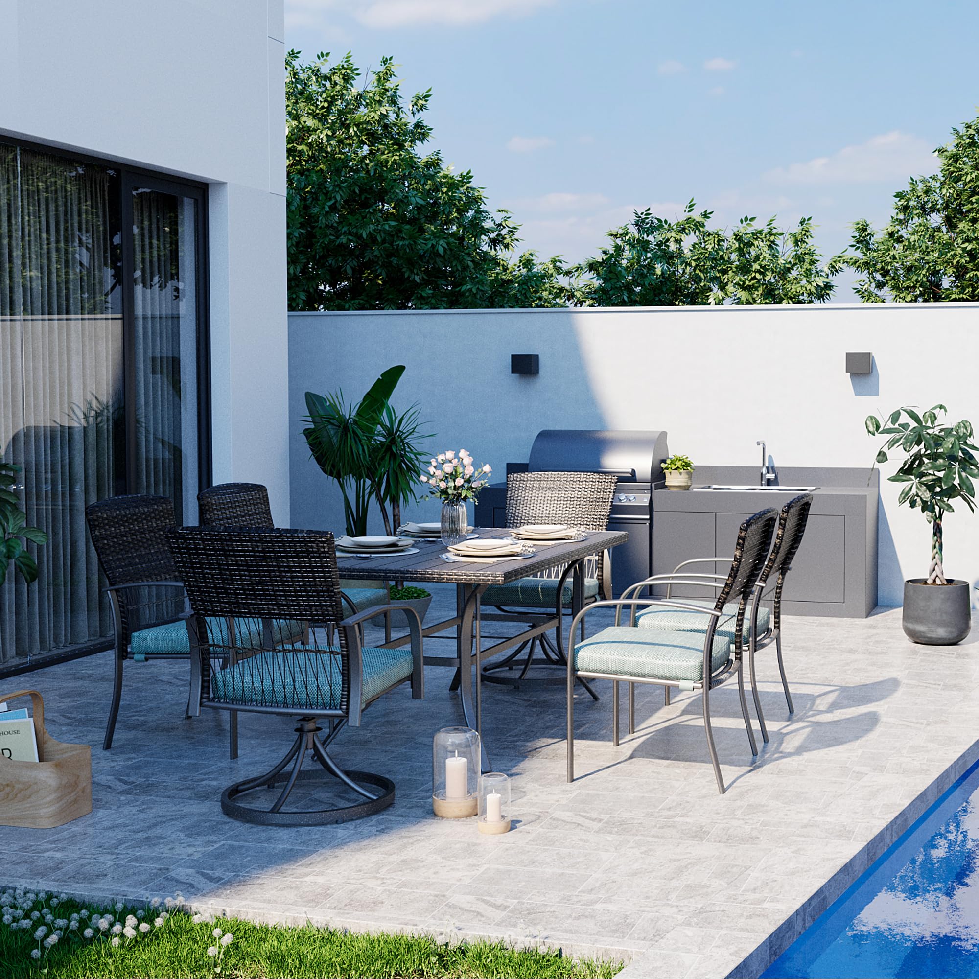 Pamapic 7 Piece Patio Dining Set for 6,Outdoor Wicker Furniture Set for Backyard Garden Deck Poolside with 4 Dining Chairs and 2 Swivel Rockers,Iron Slats Table Top, Removable Cushions(Green)