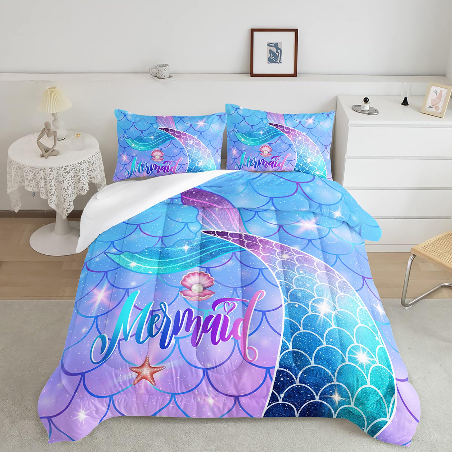 Tuzaovy Mermaid Twin Comforter Set for Girls,Twin Mermaid Bedding Sets for Girls,Mermaid Bed Set Twin for Girls,Rainbow Scales Mermaid Bedding Set,Bule Bedding Comforter Set,Mermaid Quilt Set Twin