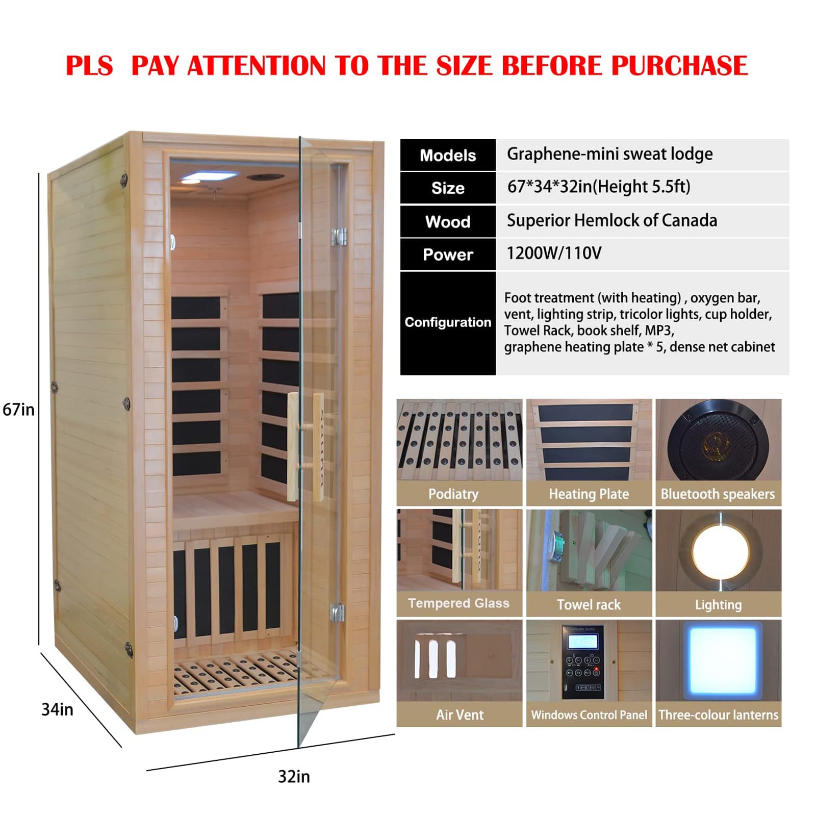 Infrared Home Sauna Room 1-2 Person Hemlock Wooden Indoor Sauna Spa,1200W/110V Low EMF Heaters,10 Minutes Pre-Warm up,Time and Temp Pre-Set, New Year Gifts