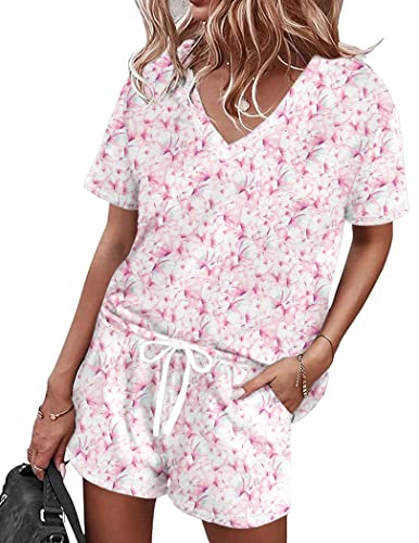 Ekouaer Women's Pajamas Sets Short Sleeve Lounge Sets Sleepwear Casual Two Piece Pjs With Pockets Pink Butterfly Large