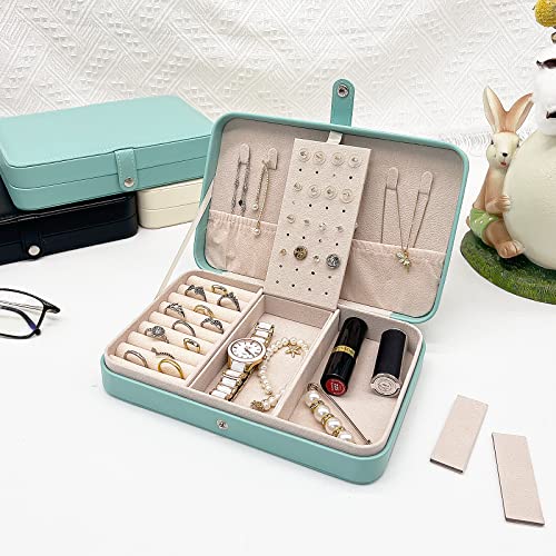 Small Travel Jewelry Organizer Case for Rings, Earrings, Necklaces, Bracelets, and Bangles - PU Leather Portable Storage Box Display Holder for Women and Men (Cyan Blue)
