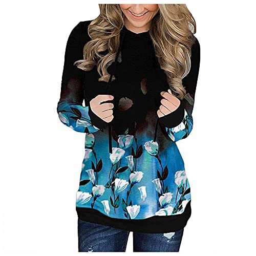 FMCHICO V Neck Blouses For Women Womens Floral Hoodies Sweatshirt Long Sleeve Drawstring Casual Pullover Tops Sweatshirts Blue