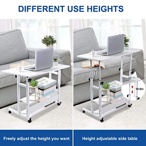 Portable Desk for Bedroom Height Adjustable 31x16 inch Storage Rolling Desk Modern Laptop Table Home Office Workstation Sofa Side Table with Wheels for Living Room Mobile Couch Small Study Desk White