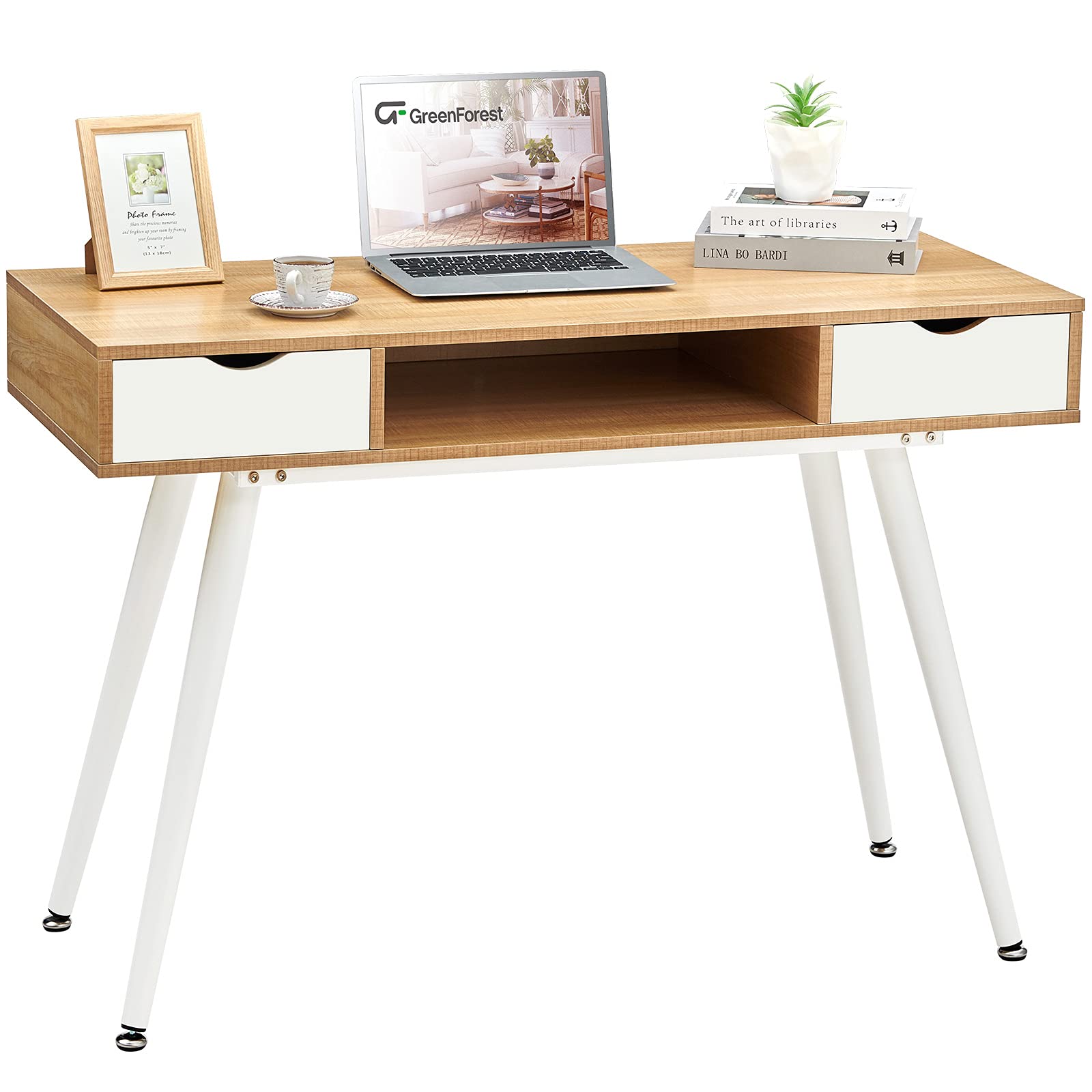 GreenForest 47inch Computer Office Desk with Drawers for Small Space Room Home Bedroom Writing Study Desk with Three Storage Vanity Makeup Dressing Table with White Metal Legs for Kids Adults