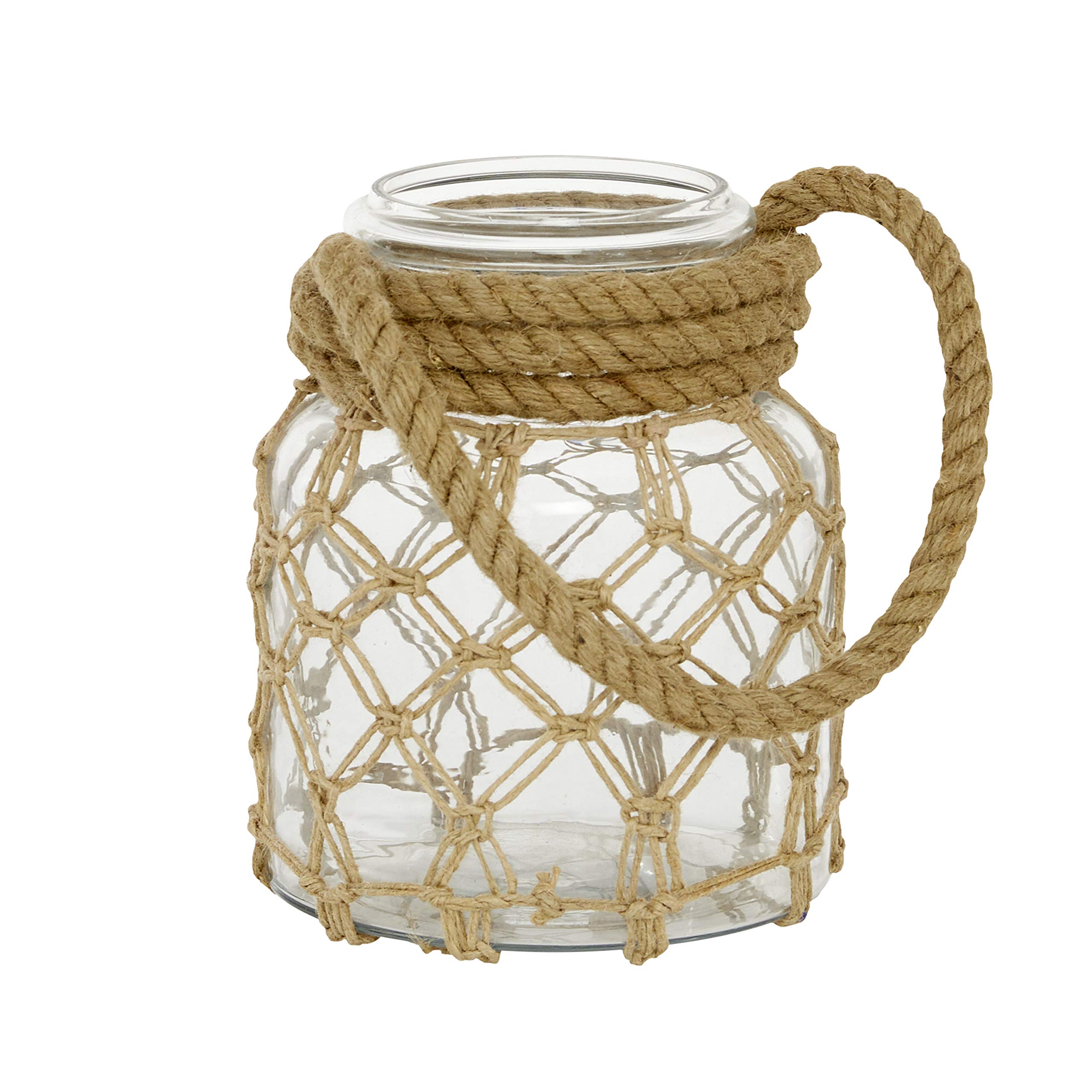 The Novogratz Glass Decorative Candle Lantern with Rope Handle, 7" x 8" x 9", Clear