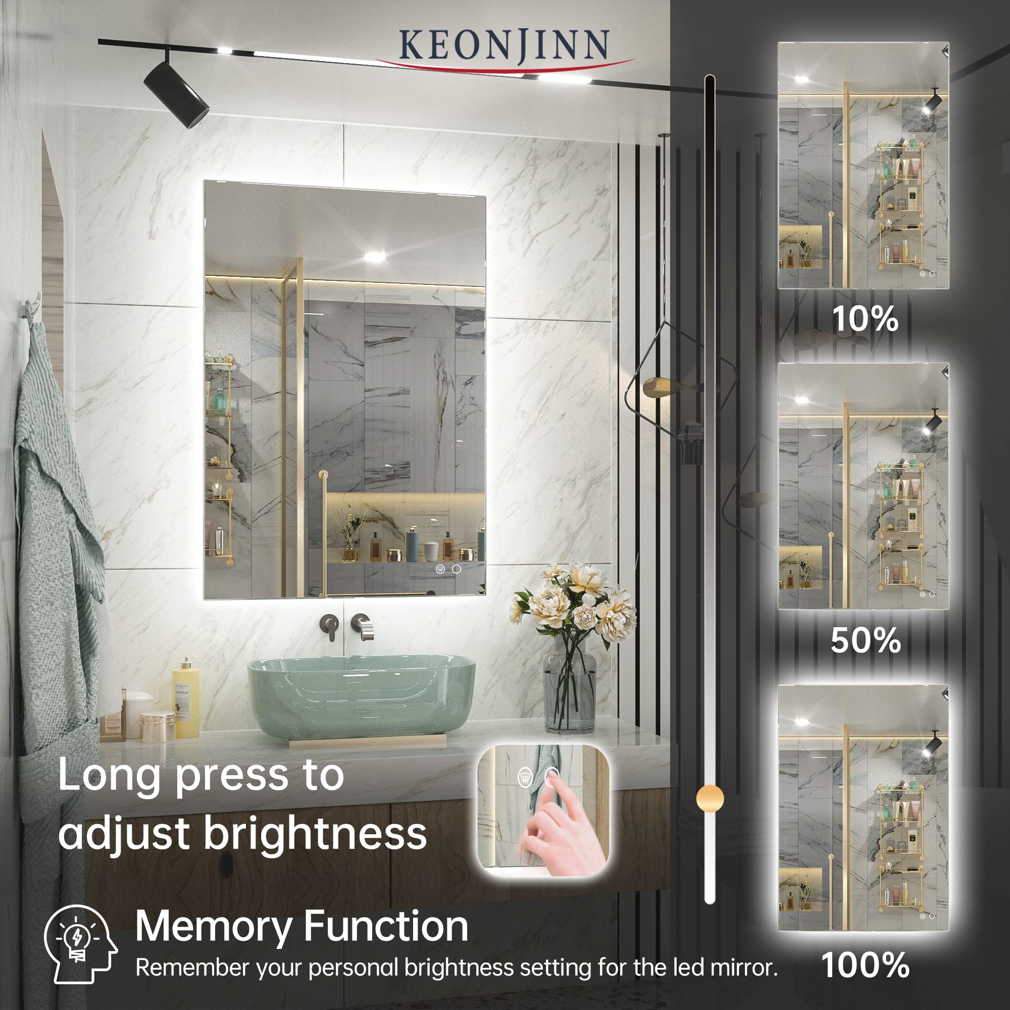 Keonjinn LED Bathroom Mirror, 24 x 36 Inch LED Mirror Lighted Bathroom Mirror, Anti Fog Acrylic Backlit Vanity Mirror with Lights, IP44 Waterproof CRI90+ Dimmable Makeup Mirror(Horizontal/Vertical)