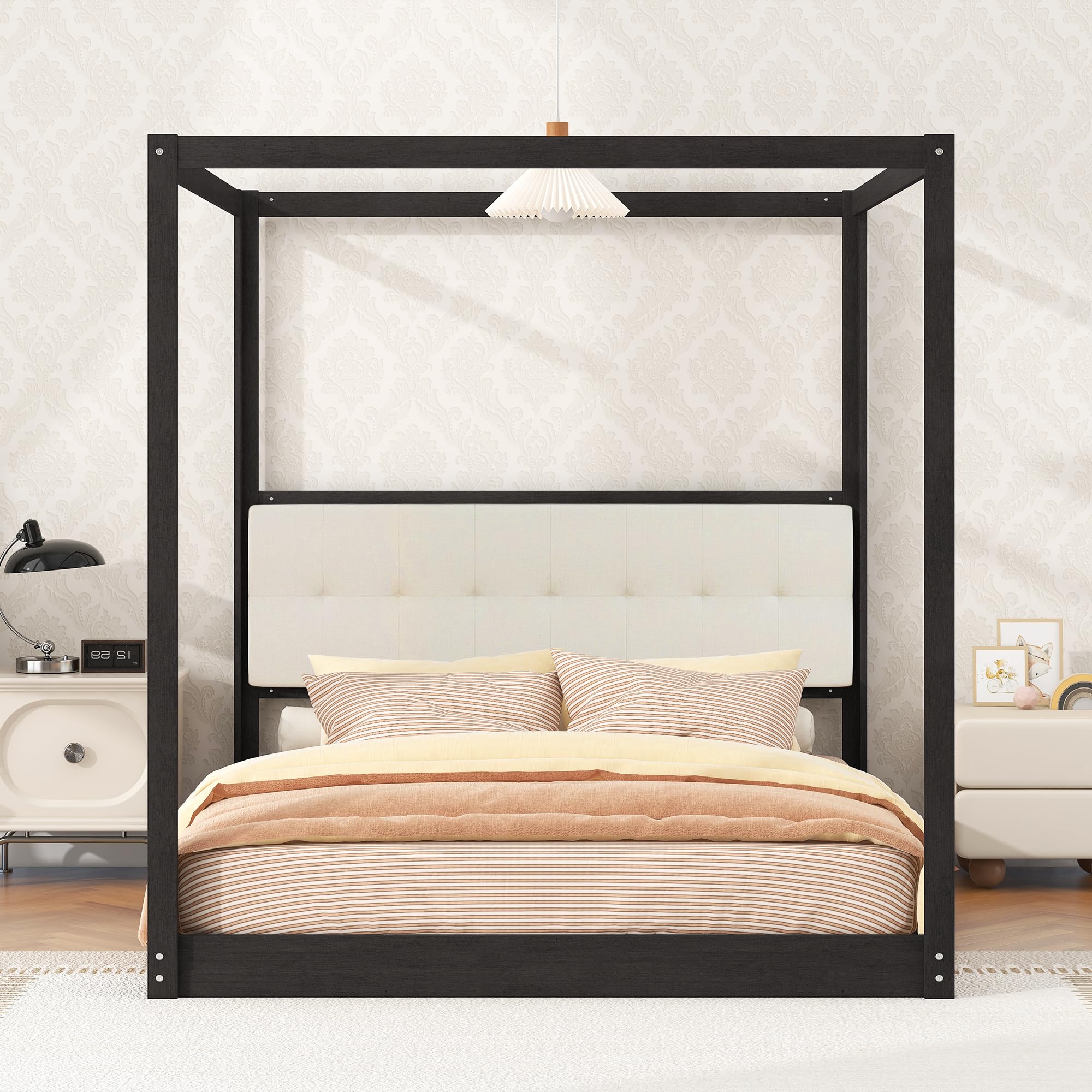 EMKK Canopy Bed Frames Platform Bed Frame Four-Poster Canopied Bed Mattress Foundation with Headboard,No Box Spring Needed Easy Assembly,King Size Wooden Canopy Platform Bed with Upholstered Headboard