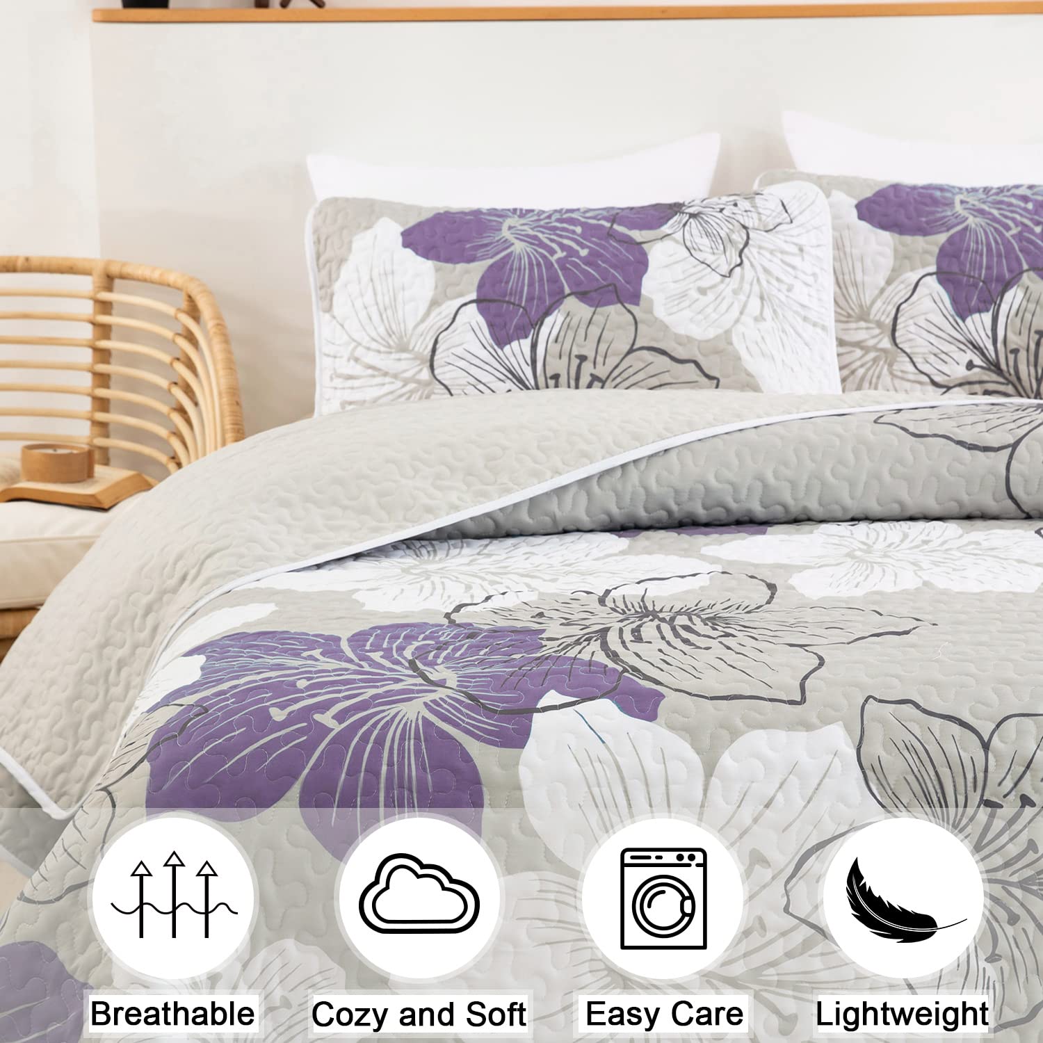 DJY 3 Pieces Quilt Set King Purple Lily Pattern Quilt Coverlet Set Boho Floral Bedspread with 2 Pillow Shams Lightweight Microfiber Elegant Bedding Quilt Set All Season (Purple, 104"x90")