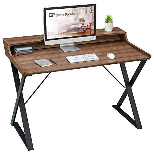 GreenForest Computer Desk with Hutch 47" Home Office Writing Desk Modern Style Study Working Table Laptop PC Workstation, with Heavy Duty Metal Frame and Wooden Desktop,Walnut