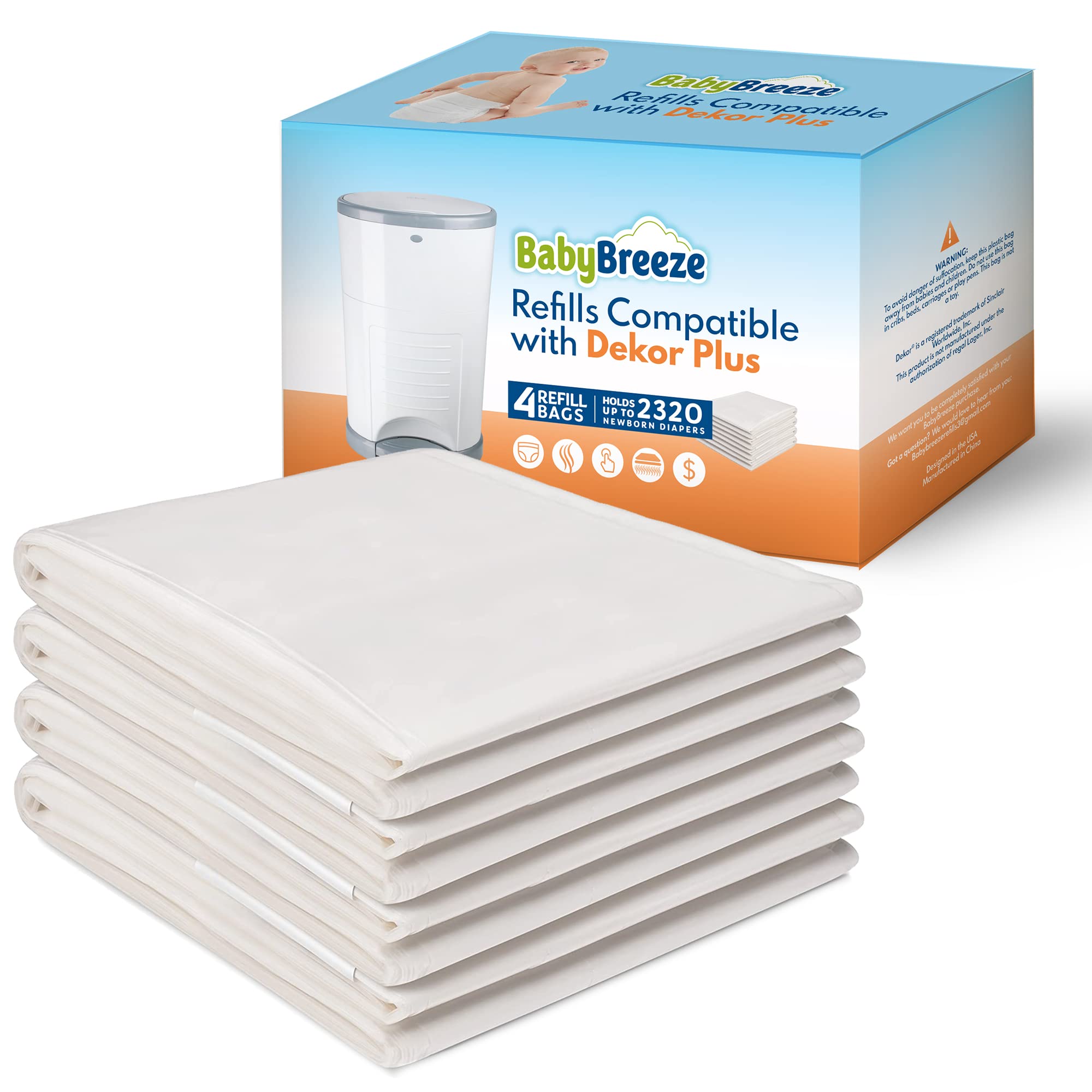 Diaper Pail Refills Compatible with Dekor PLUS Diaper Pail 4 Refill Bags Holds 2320 Diapers β Strong, Durable Baby Powder Scented Refills Bags