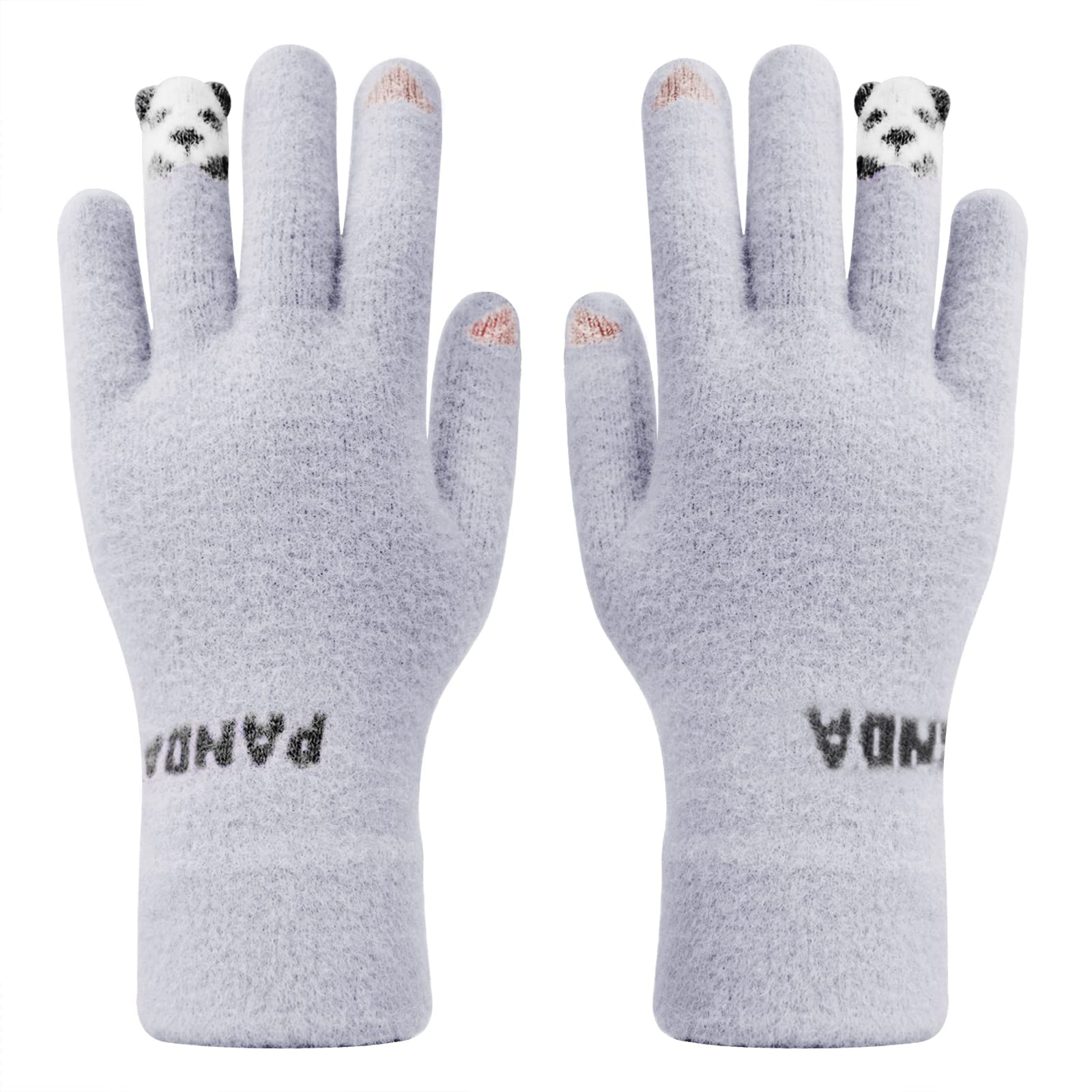 OhMill Touch Screen Cute Knitting Soft Gloves Lovely Panda Gloves for Cold Winter Windproof Cycling Hiking Running Gloves (Grey)