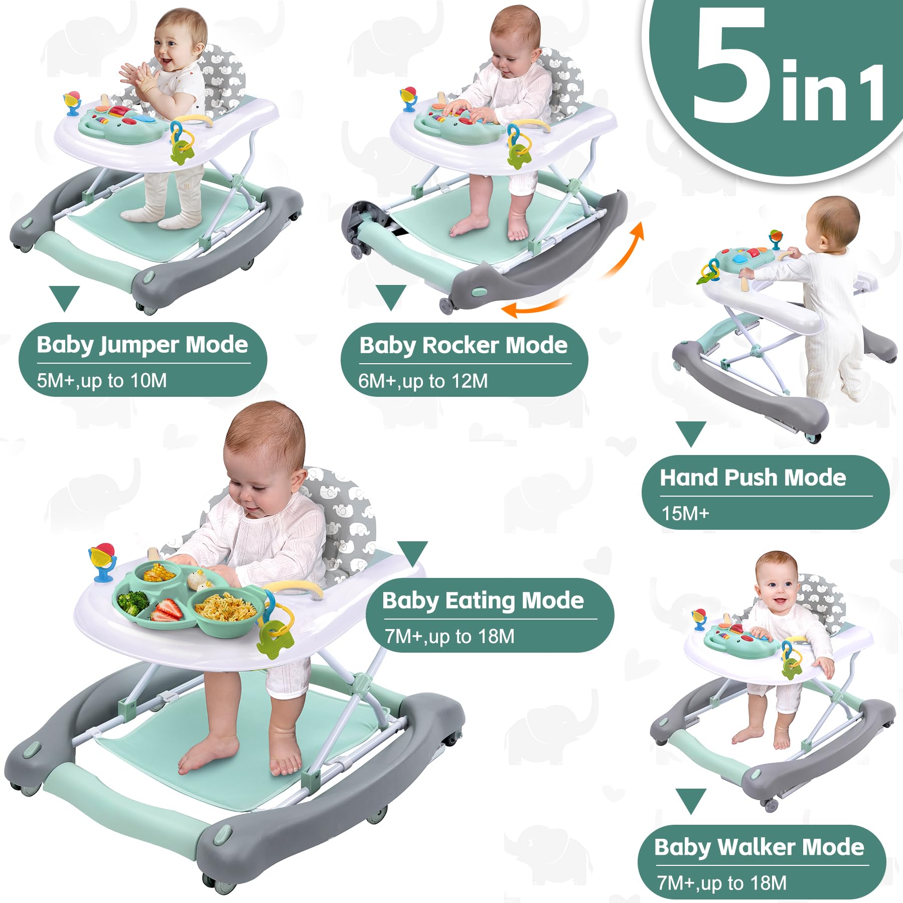 Foldable Baby 5-in-1 Activity Walker - Rocker, Activity Center, Bouncer, Seat Walker, Push Walker - Adjustable Speed Rear Wheels and Height Toys Ages 6-18 Months… (Blue)