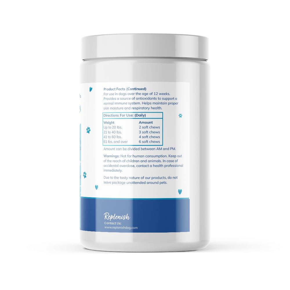 Replenish Allergy and Immune Chews for Dogs - Dr. Rachel's Antioxidant - Rich, Dog Skin and Coat Supplement, Respiratory Support - Omega, DHA, EPA - 60 Count