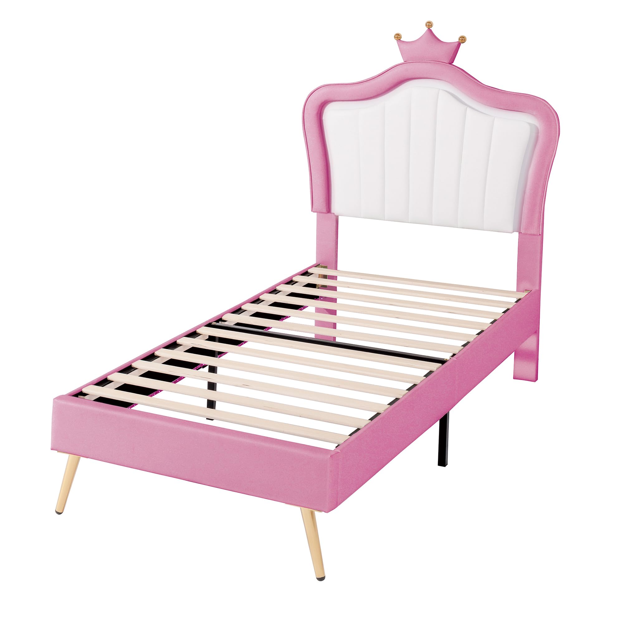 Twin Size Upholstered Princess Bed Frame with LED Lights and Crown Headboard,for Kids Boys Girls Teens Bedroom Use (White+Pink@LED//, Twin)