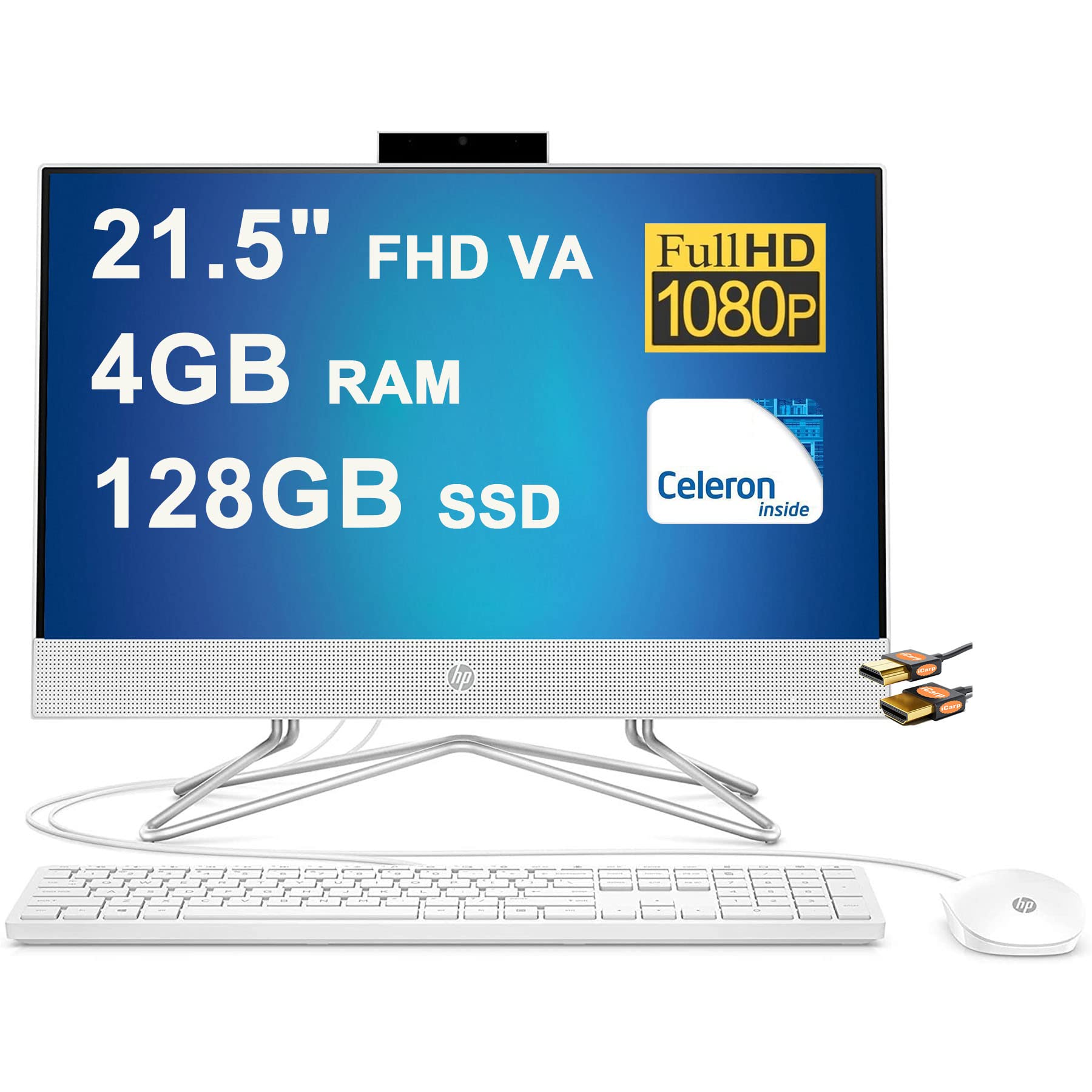 HP 22 AIO Desktop 21.5" Diagonal FHD VA Anti-Glare Display (72% NTSC) Intel Celeron J4025 Processor 4GB RAM 128GB SSD Intel UHD Graphics 600 True Vision Privacy Camera Win11 White + HDMI Cable