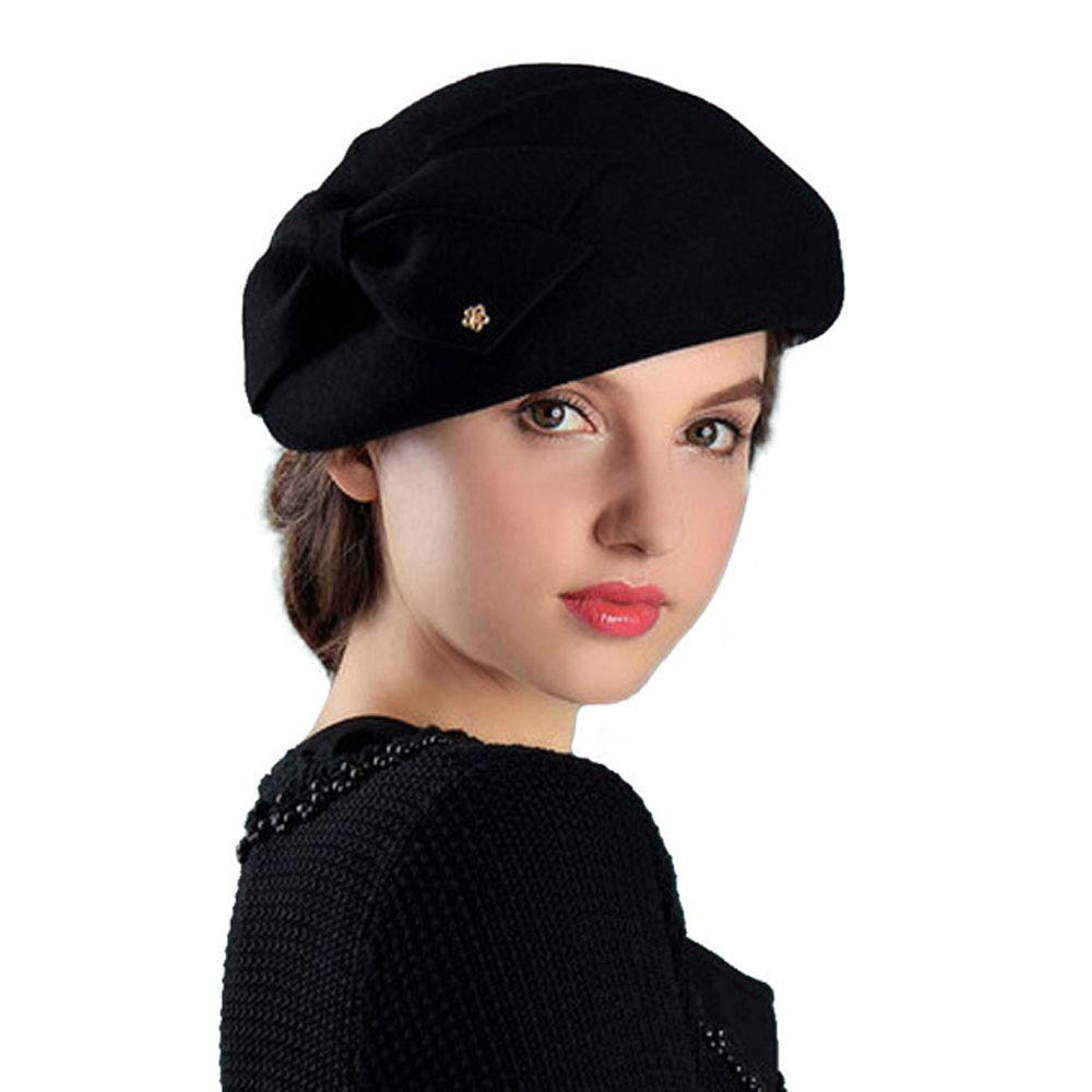 F FADVES Womens Wool Felt French Berets Bowler Hat Artist Boina Bowknot Cap Navy