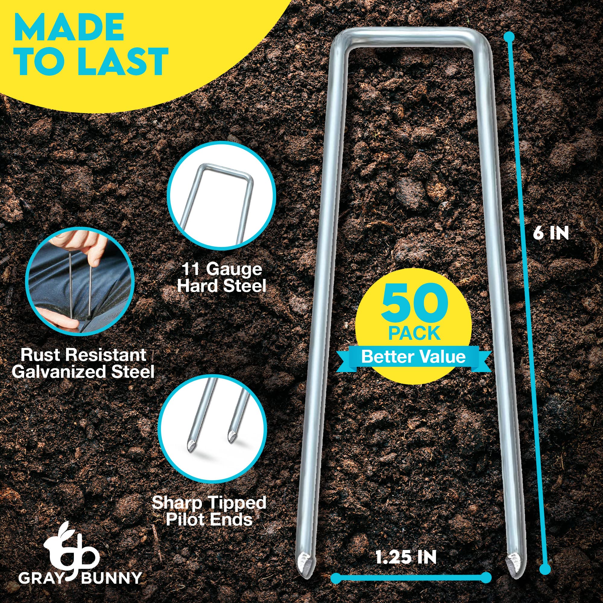 Gray Bunny 6 Inch 50 Pack U-Shaped Garden Stakes, 11 Gauge Galvanized Landscape Staples, Rustproof Garden Staples for Landscaping Securing Weed Barrier Fabric, Irrigation Tubing, Tarpaulin and More