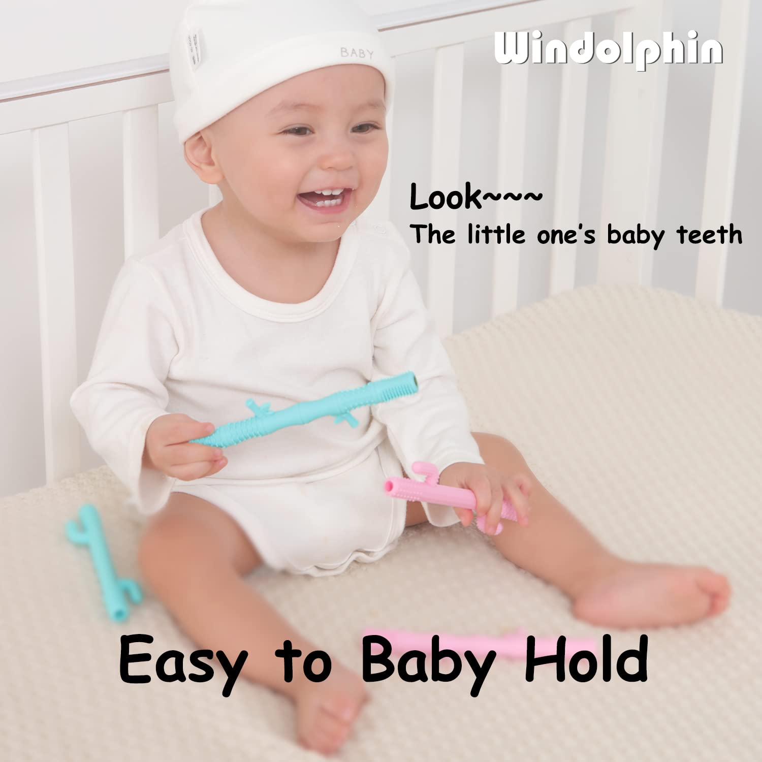 Hollow Teether Tubes, 5 Pack Chew Straw Toy with 2 Brushes, Windolphin Teething Toys for Babies 0-12 Months, Baby Molar Toy, Free BPA, Dishwasher and Freezer Safe