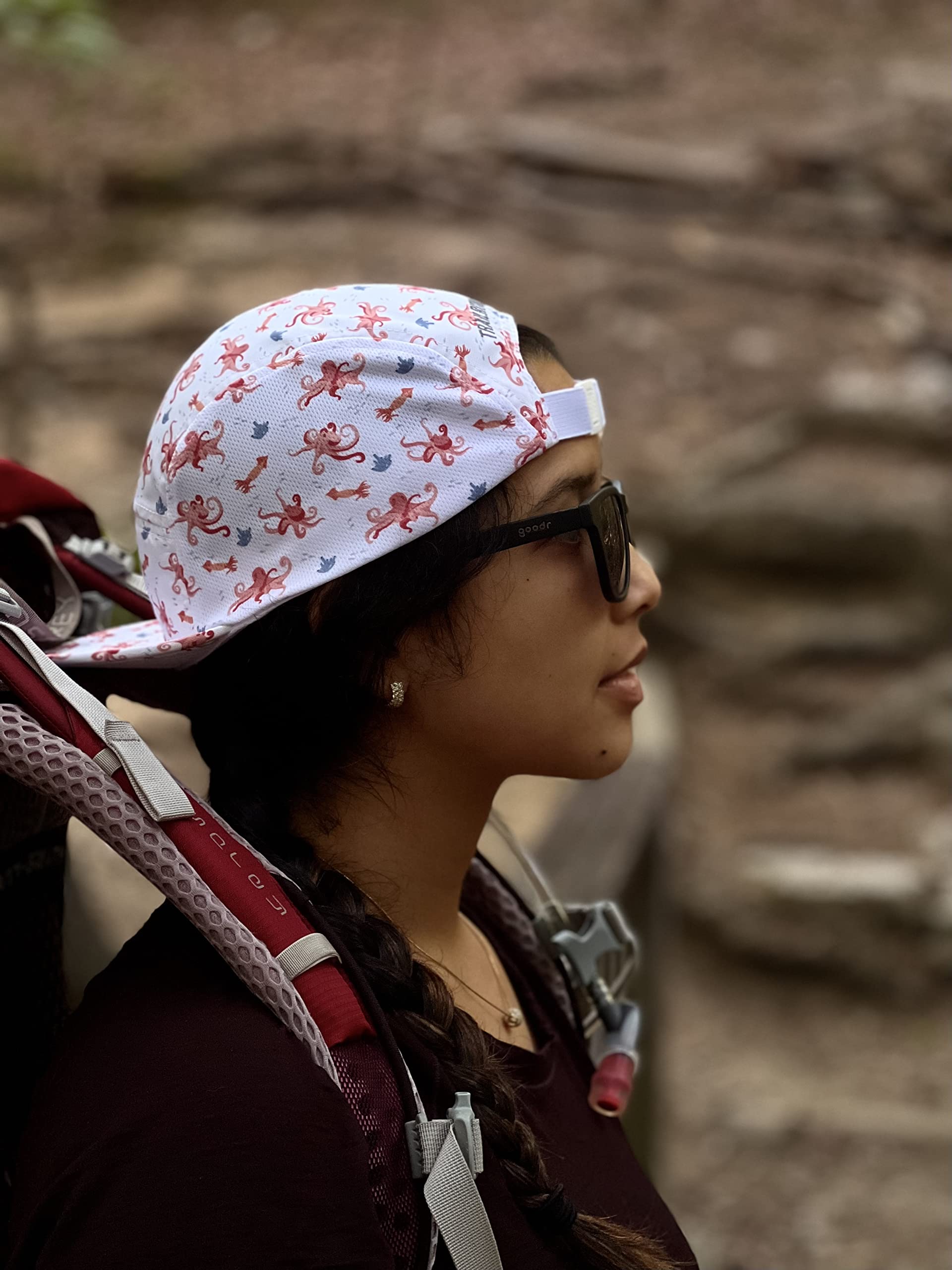 Men's and Women's 5 Panel Hat, Washable & Packable Running Hat (Big Quad Cephalopod: White)