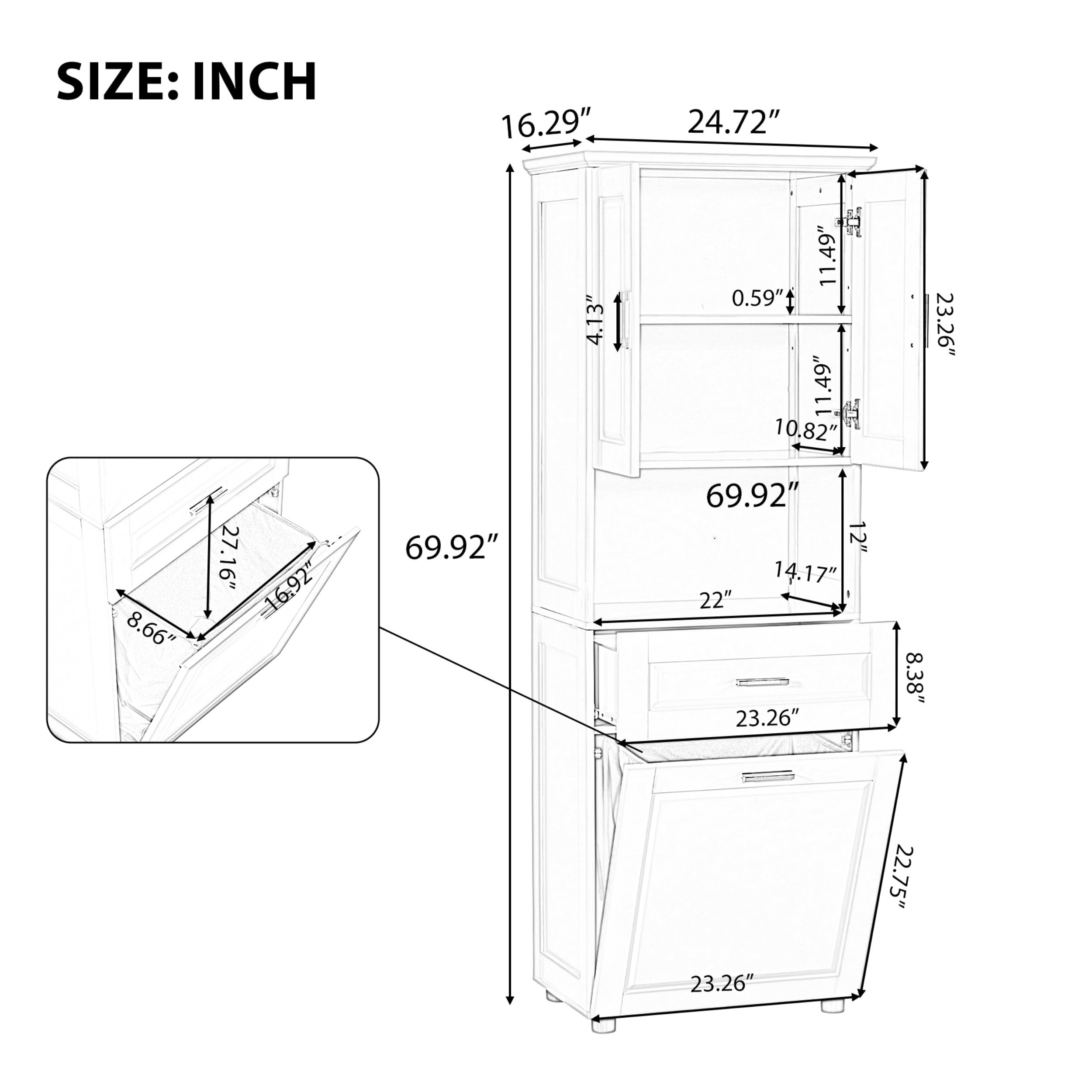 RCCFBHM Modern Bathroom High Bathroom Cabinet with Tilting Laundry Hamper with Double Door Storage and 1 Drawer, Open Storage Cabinet for Bathroom, Living Room.