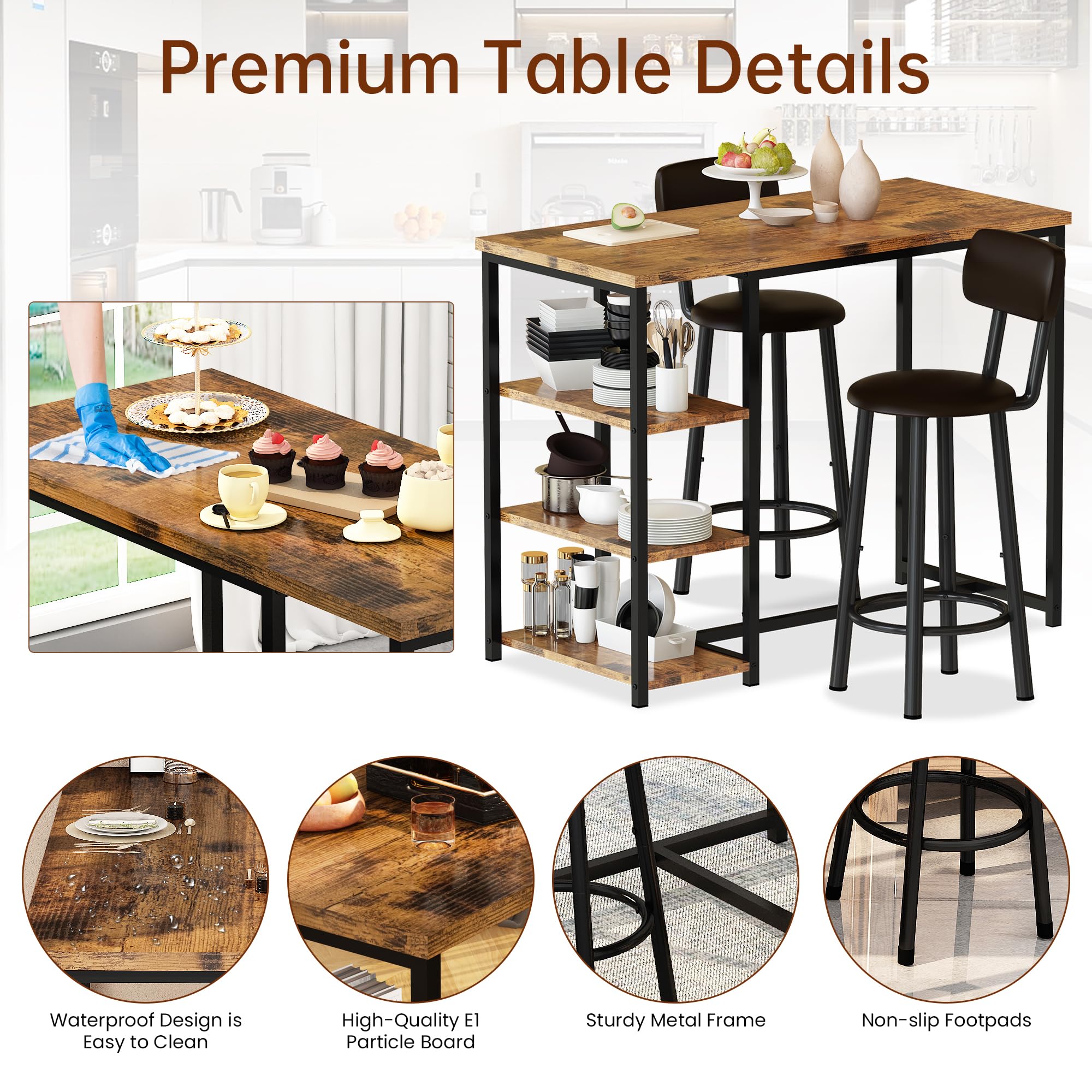 DKLGG Dining Table Set for 2, Counter Height Pub Table with 2 PU Leather Widen Backrest Bar Stools & 3 Storage Shelves, Bar Table and Chairs Set for Small Space Kitchen, Dining Room, Bar, Brown
